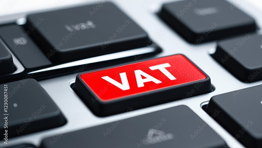 A close-up of a keyboard featuring a prominent red key labeled "VAT ...