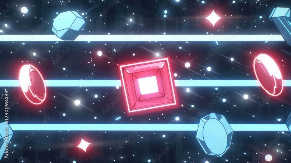 Colorful animated gems and shapes floating in a cosmic background with ...