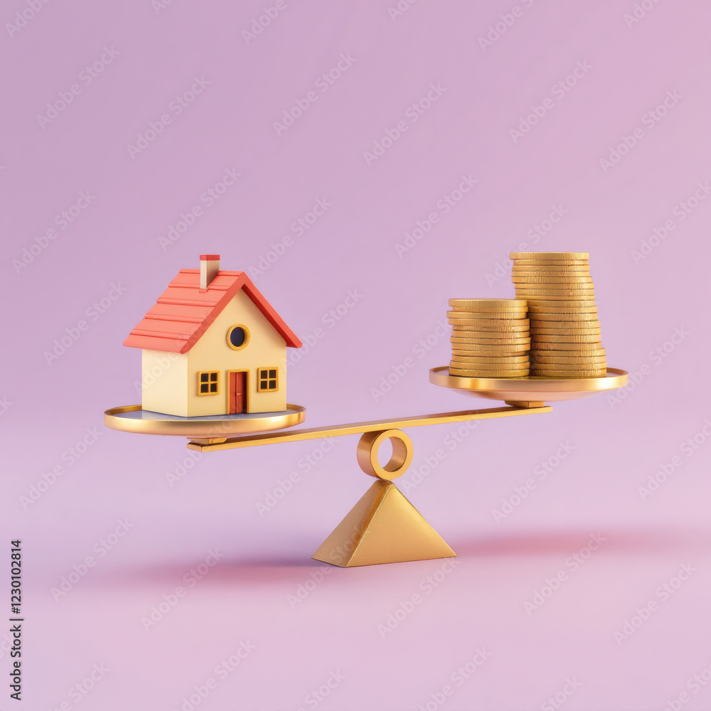 Illustration of a weight scale balancing a house and gold coins ...