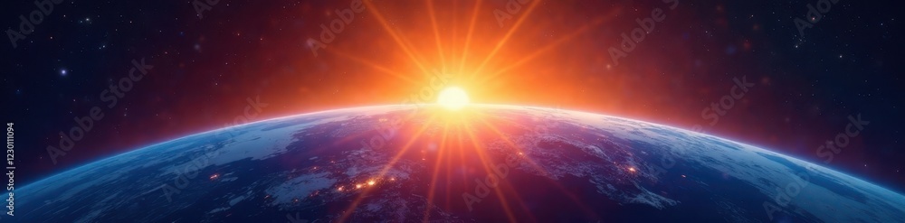 Sunrise paints Earth's curve, stars still visible , world, illustration ...