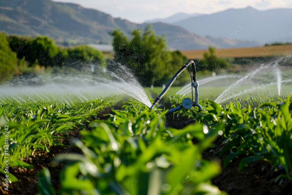 Water spraying from irrigation sprinklers operating in a field of young ...