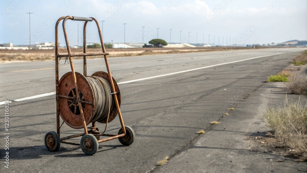 Rusted metal hose reel trolley with wheels rolling on a deserted road ...