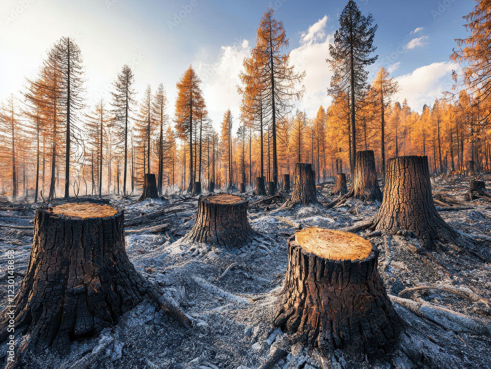 Burnt tree stumps and ashes in forest landscape, showcasing aftermath ...