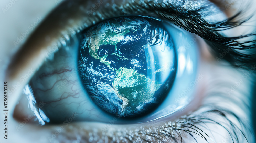 Earth reflected in a human eye, created with generative AI technology ...