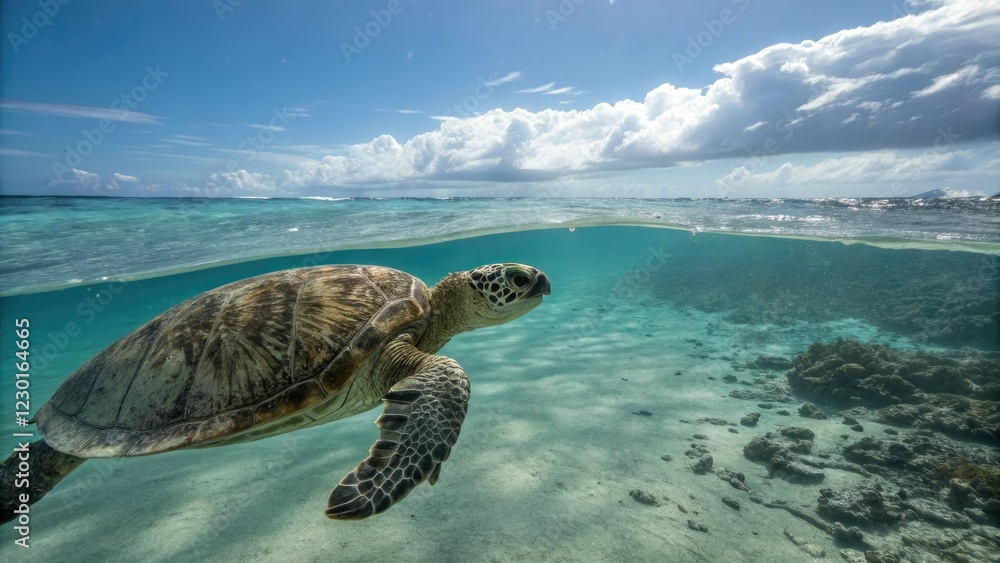 Large tortoise swimming at the edge of the sea, aquatic animals, ocean ...