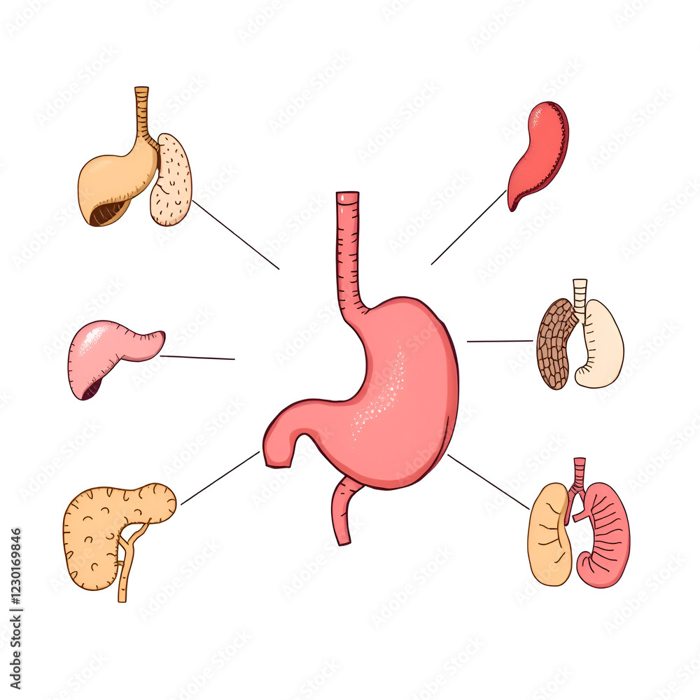 Handrawn illustration of human Stomach on light gray background ...