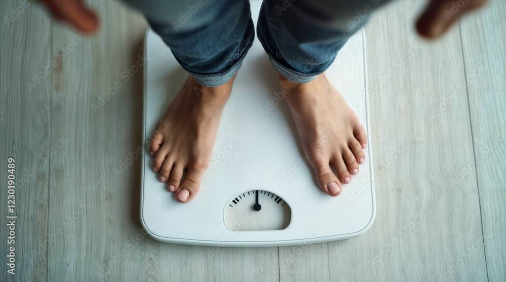 Person standing on a bathroom scale, checking their weight. Health ...