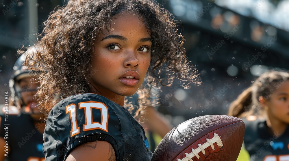 A light skinned black woman with curly hair playing quarterback with an ...