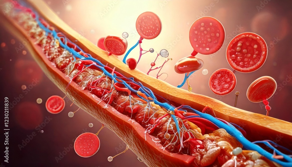 Red blood cells are shown as numerous red spheres moving within the vessel, transporting oxygen ...