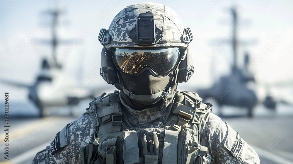 Military personnel in full gear overlooking naval operations ocean deck ...