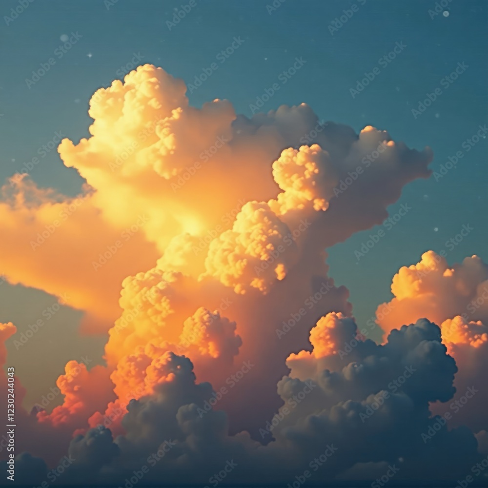 Descripci?n de un cielo con nubes doradas durante la hora dorada, golden glow, serene sunset ...