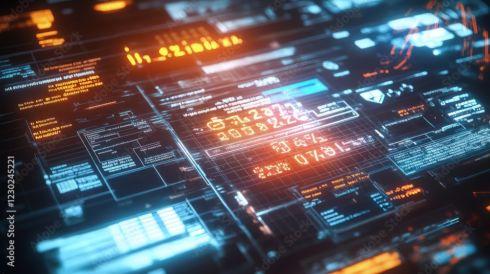 A futuristic financial ledger glowing with numbers and symbols ...