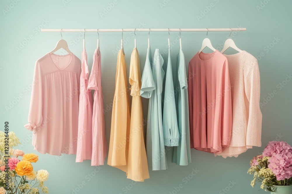 Women's pastel clothes hanging on a rack with flowers on each side over ...