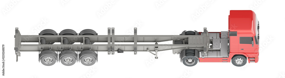 Red truck with three-axle chassis for shipping containers. View of ...