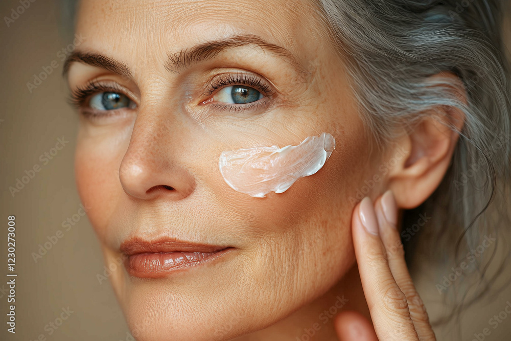 Beautiful aged woman applying facial cream on face. Mature lady with ...