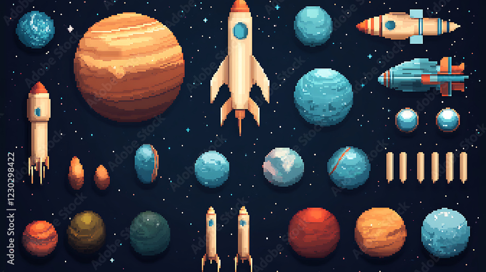 8bit pixel art game asset collection, featuring space planets, rockets, and starcraft, alongside ...