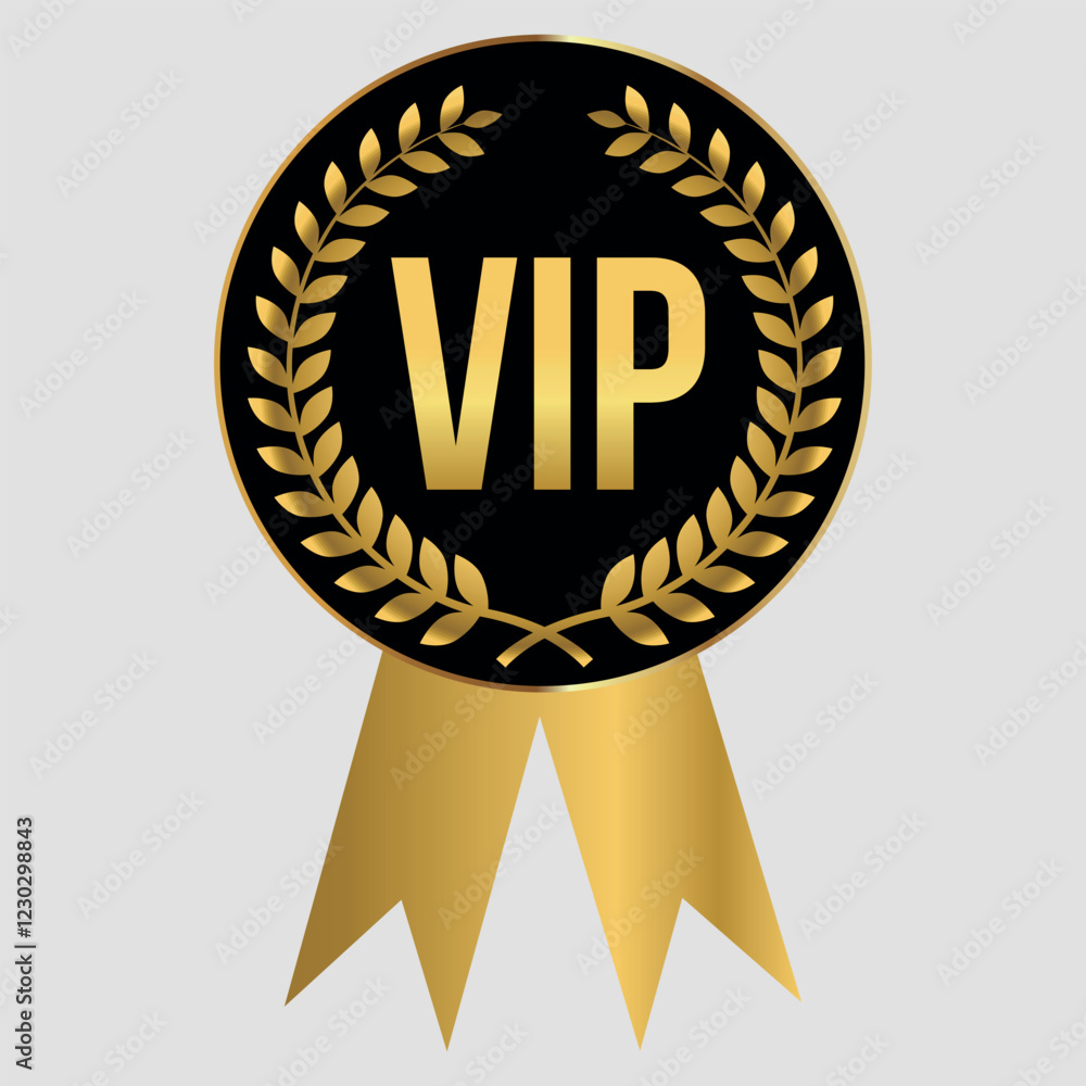VIP badge featuring a black and gold design with laurel wreath and ...