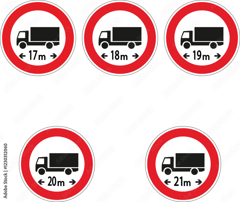 Five circular road signs prohibiting vehicles exceeding a specific ...