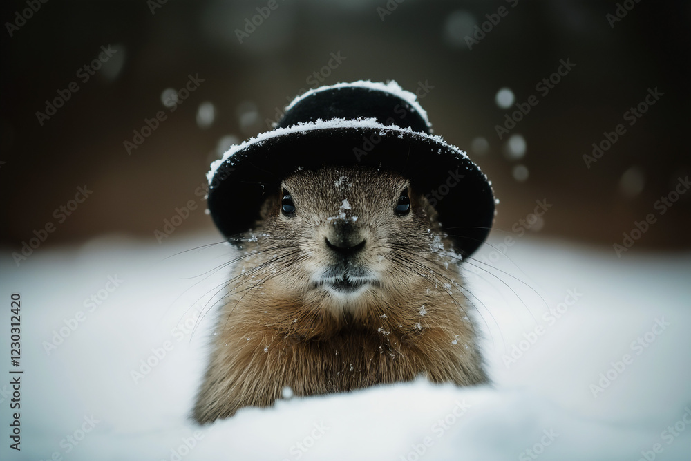 Groundhog standing in snow is wearing black bowler hat, Punxsutawney ...