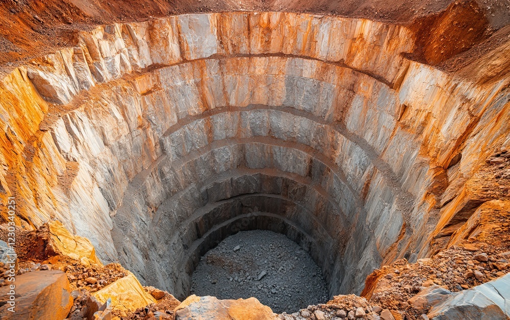 A deep, circular pit with layered walls, showcasing rock formations and ...