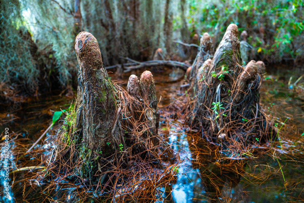 Foto de Stock Forest of Swamp Cypresses with epiphytic Tillandsia ...