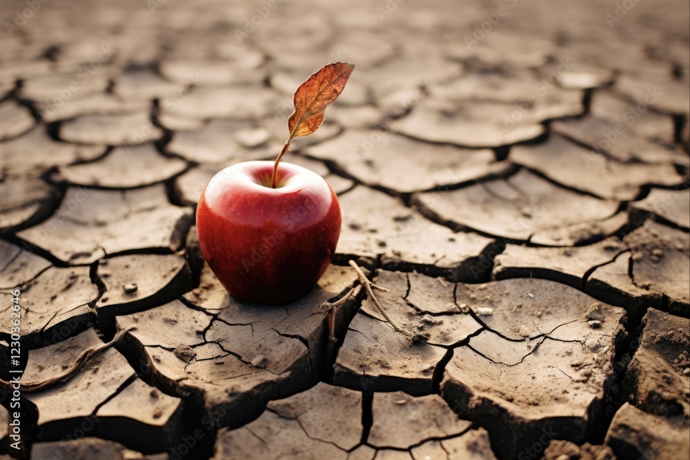Food Insecurity: Apple on Cracked Desert Soil. Symbol of Water Scarcity ...