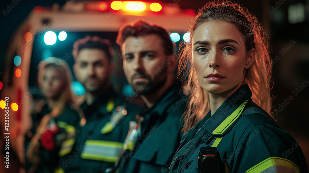 A group of five paramedics, three men and two women, wearing ...