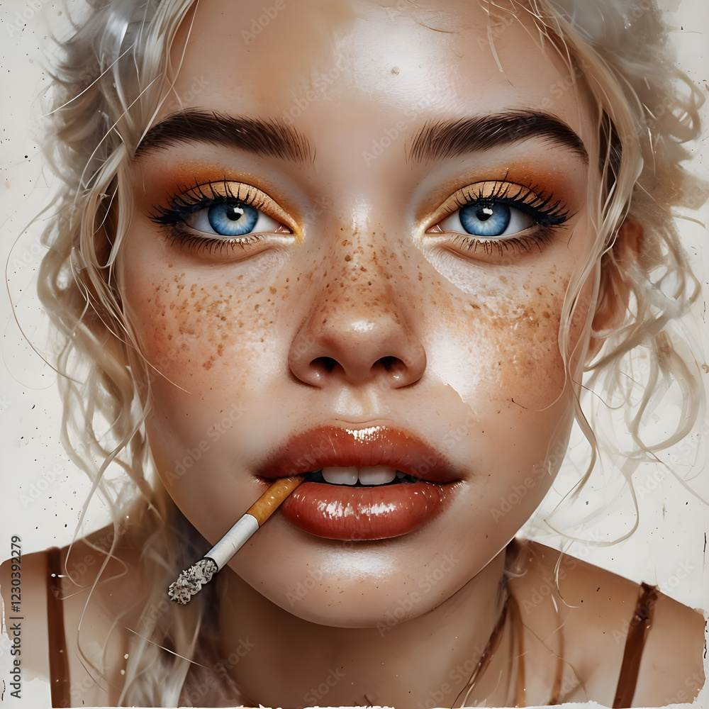 bella donna bionda dagli occhi azzurri che fuma una sigaretta, Beautiful blonde blue-eyed woman ...