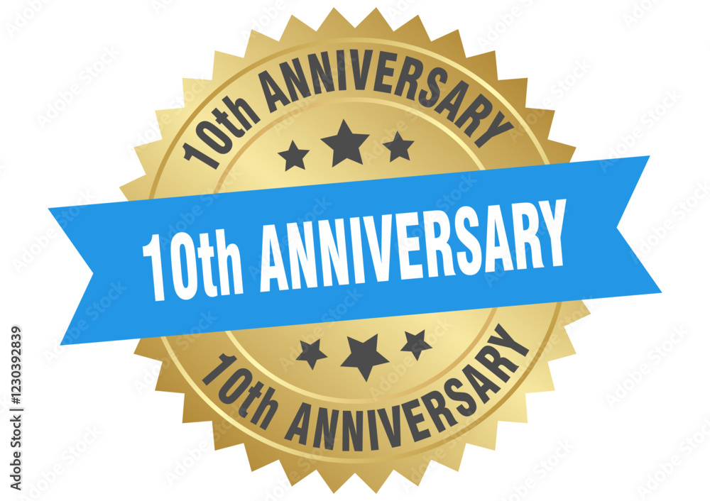 10th anniversary. 10th anniversary round blue and gold label isolated ...