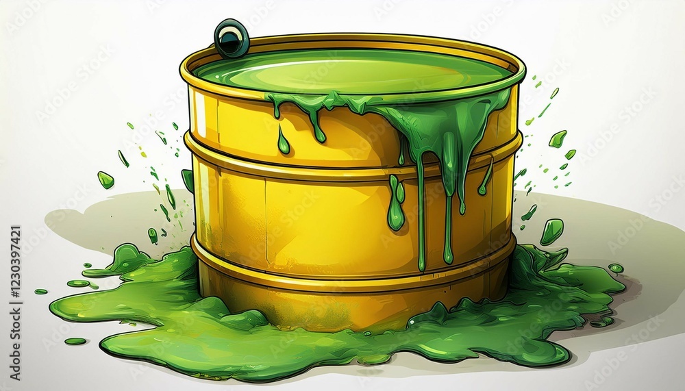 cartoon illustration of yellow barrel with spilled green toxic waste ...