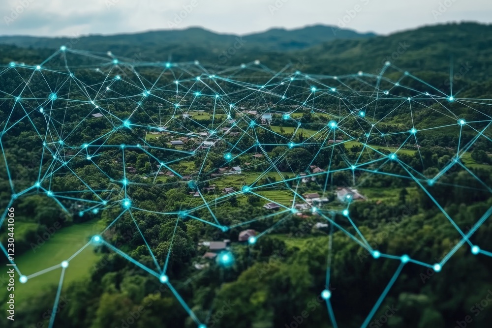 Network connectivity visualization over a rural landscape showcasing ...