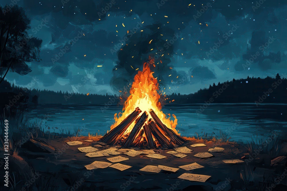 Campfire Burning Old Letters Filled With Regrets Under a Starry Sky by ...