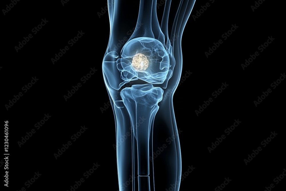 Detailed X-ray of a human knee joint showing anatomical features and ...