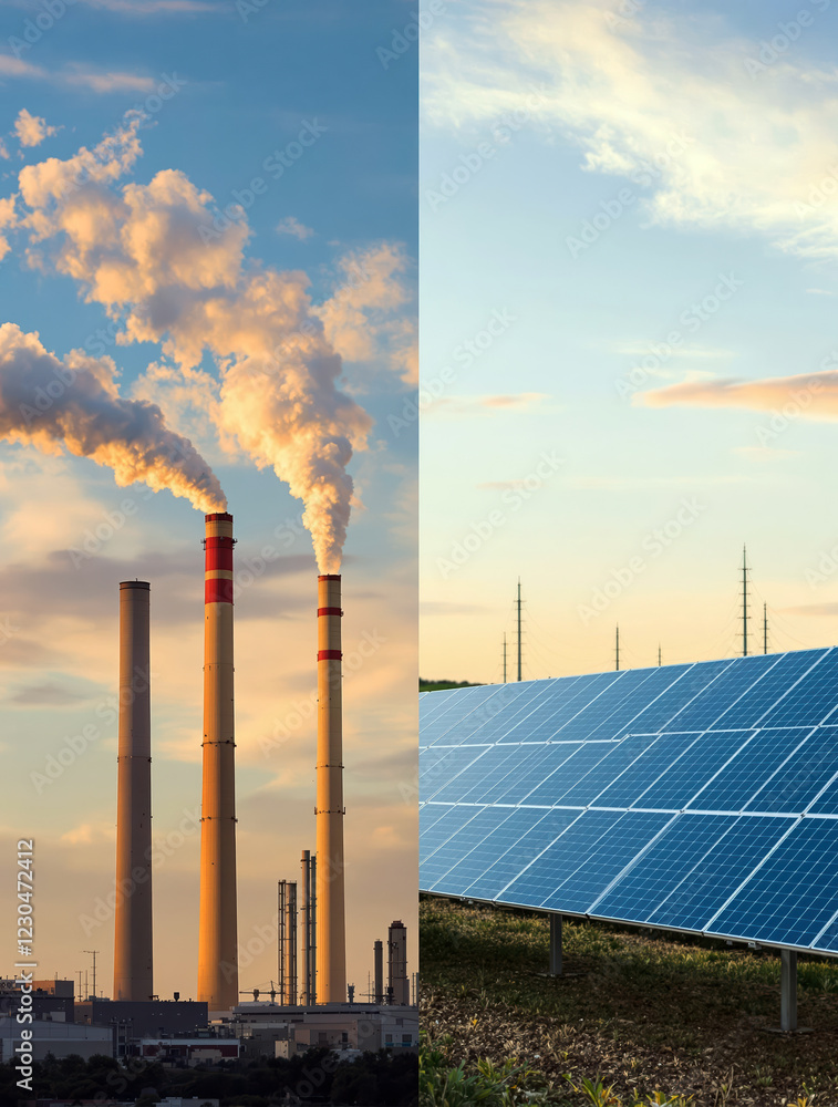 Eco-Dilemma Illustration: Factories Emitting Greenhouse Gases vs Solar ...