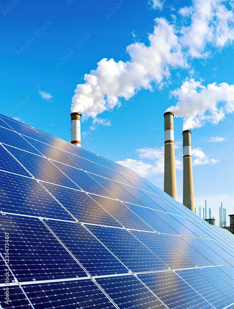 Industrial Chimneys and Solar Panels Contrast – Pollution vs Renewable ...