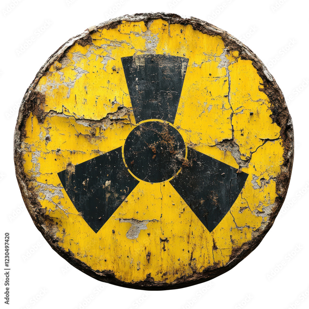 Worn radioactive symbol indicating radiation caution, isolated on a ...
