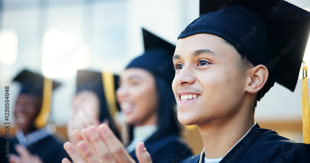 Smile, man and students with clapping of graduation ceremony, class ...