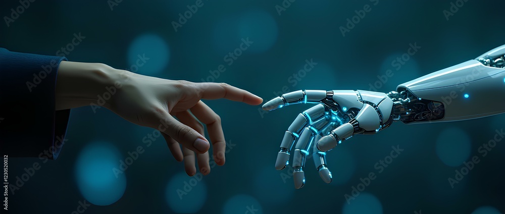White cyborg finger about to touch human finger 3D rendering hand of the person and bot ...