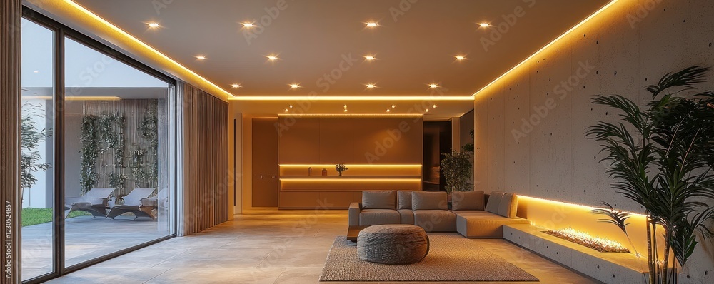 Decorative recessed lights illuminating a sleek ceiling design, adding ...