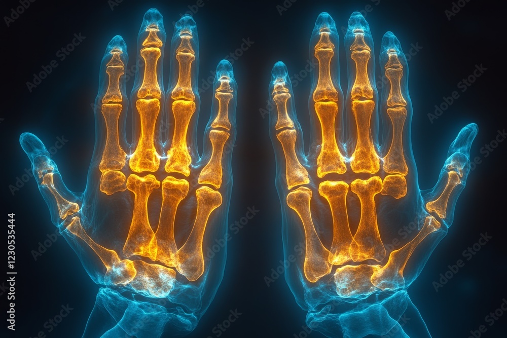 X-ray of human hands demonstrating skeletal structure with highlighted ...