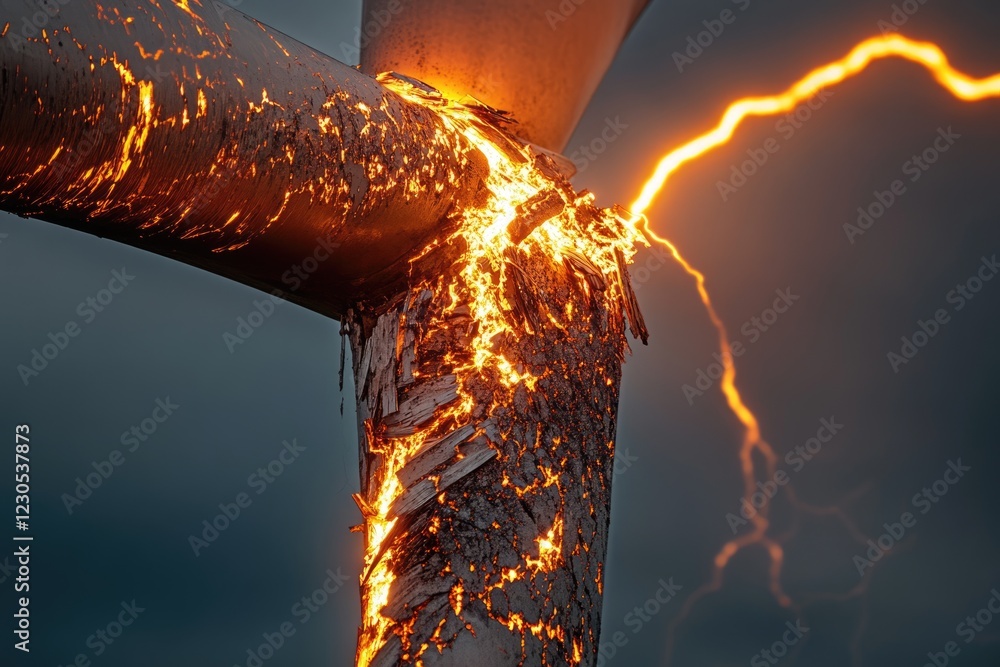 Lightning strike damages a wind turbine, causing intense heat and ...