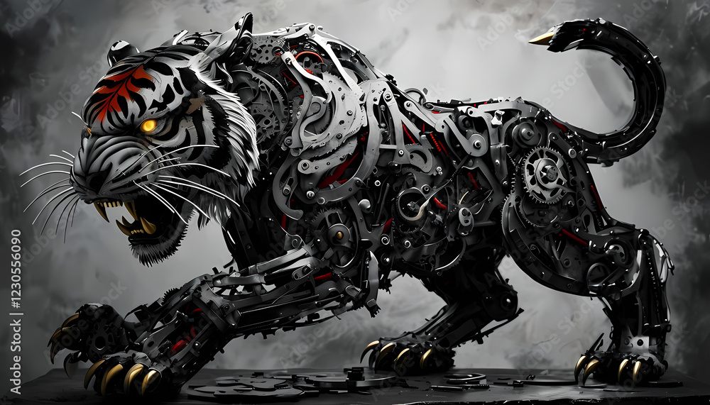 robot tigre feroce costituita cavi elettrici e da ingranaggi meccanici ...