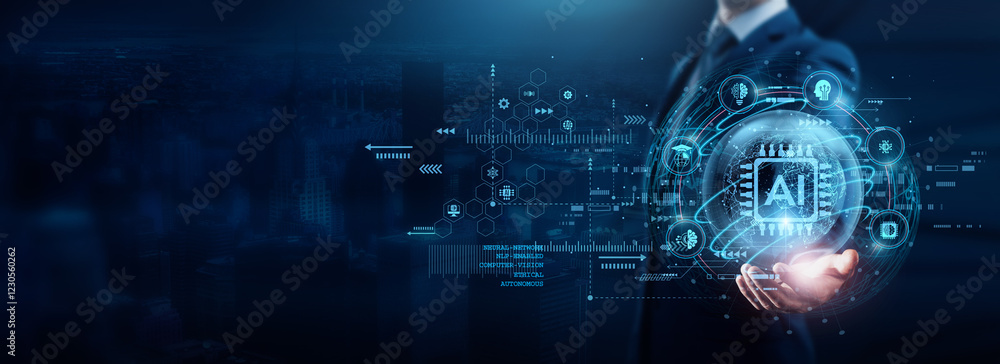 AI. Businessman holding artificial intelligence solutions to automate processes. Leveraging AI ...