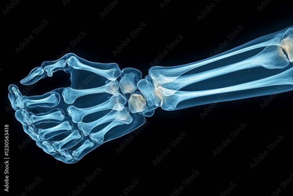 Detailed radiograph of a human hand highlighting skeletal structure and ...