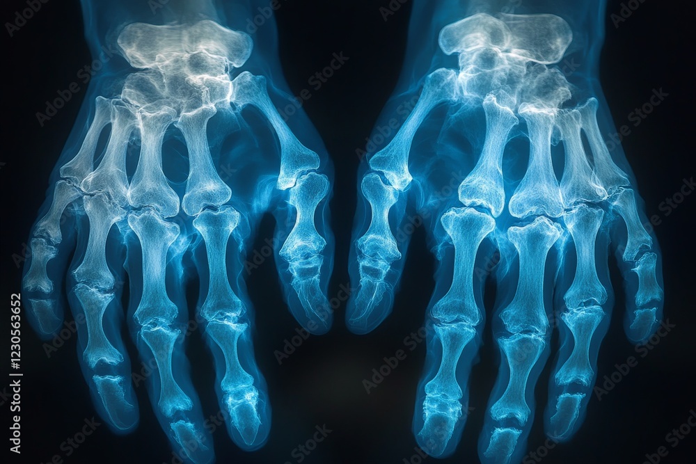 X-ray image showing detailed structure of human hands exhibiting bones ...
