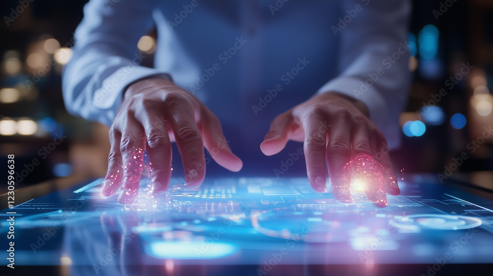 pair of hands interacts with a sleek digital interface showcasing AI ...
