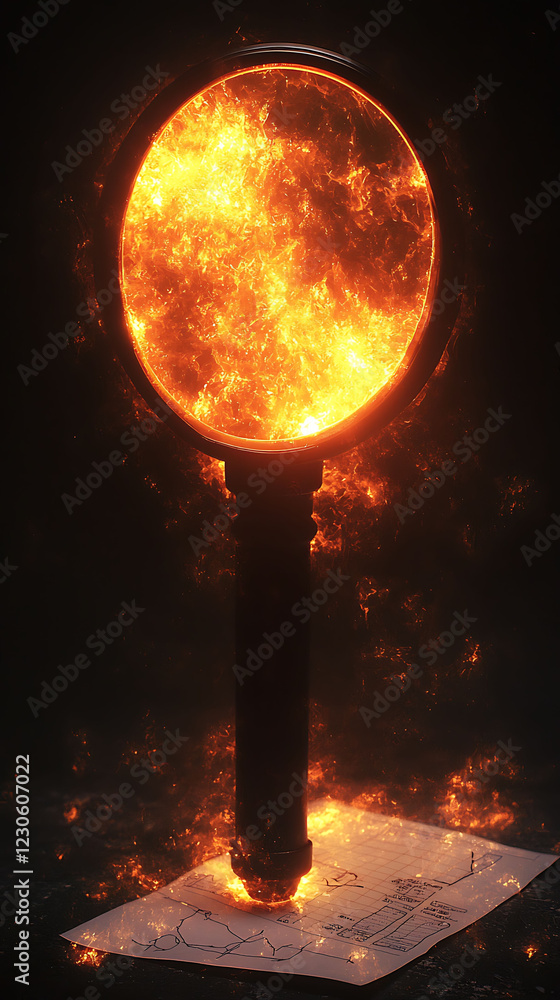Fiery magnifying glass illuminating a map, a striking visual metaphor ...