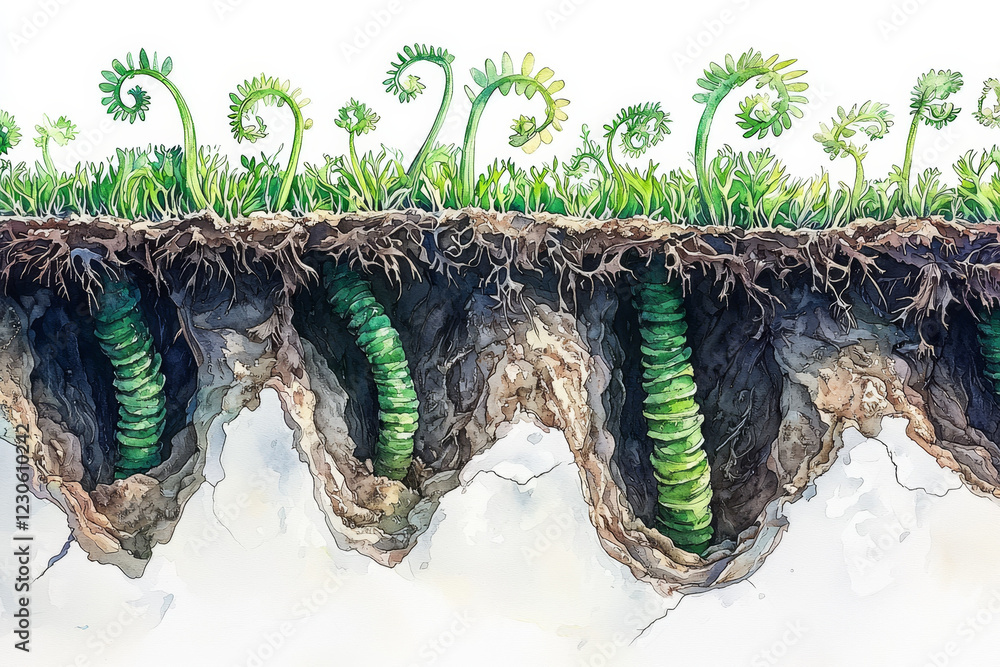 Watercolor painting: cross-section of soil revealing plant roots and ...