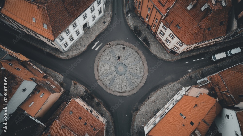 Aerial view of a circular intersection in a historic European town ...