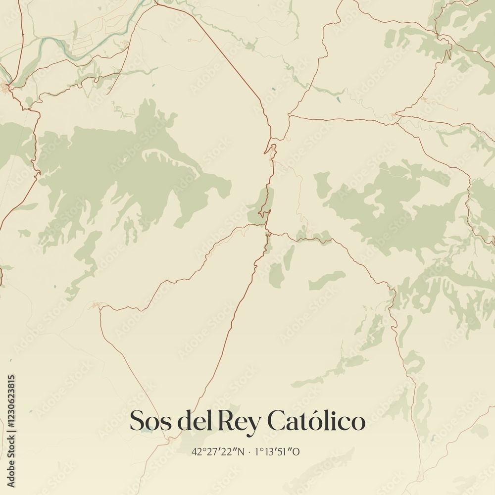 Retro Spanish map of Sos del Rey Cat lico, Arag n. Vintage street map ...